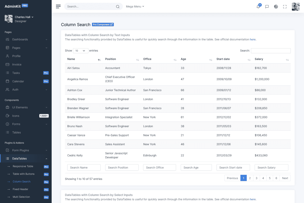 DataTables Admin Template AdminKit