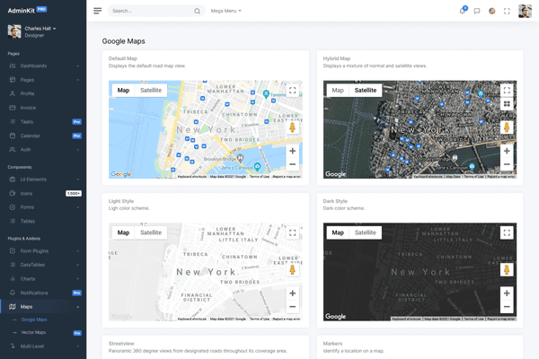 Google Maps Admin & Dashboard Template - AdminKit